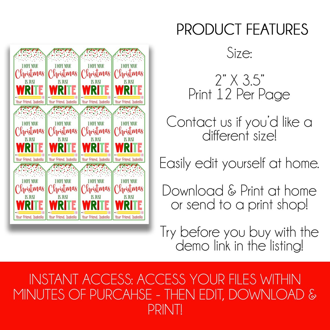 EDITABLE Hope Your Christmas is Just Write Kid's Gift Tags | Christmas ...