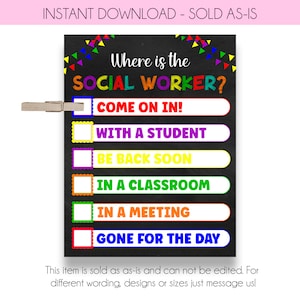 INSTANT DOWNLOAD Where's the Social Worker Door Sign | Bright Primary ...