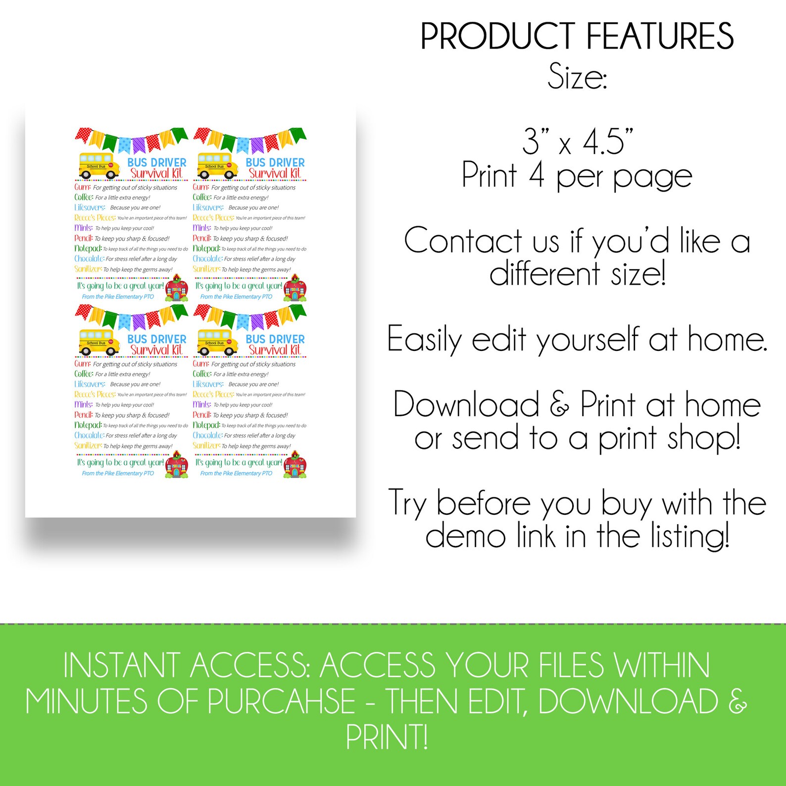 EDITABLE Bus Driver's Survival Kit Tag Back to School - Etsy