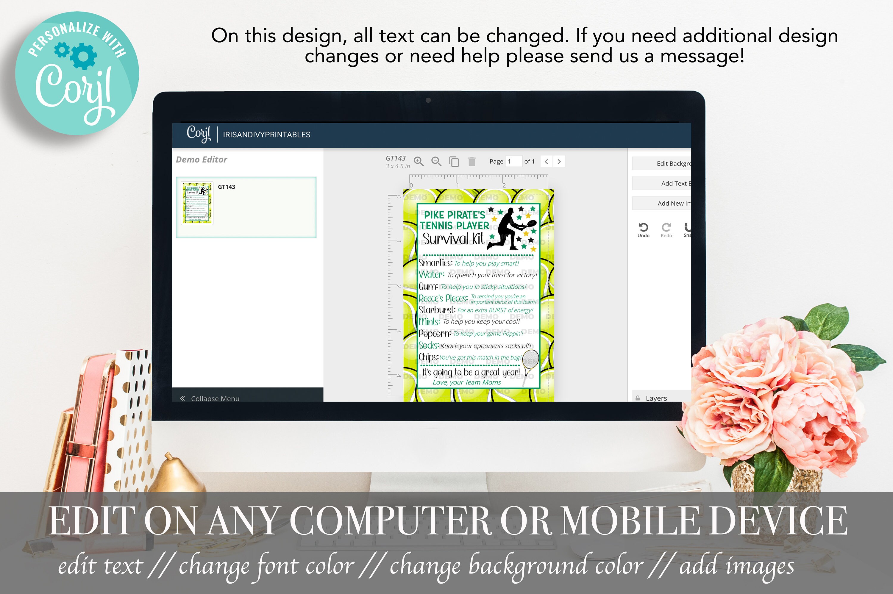 EDITABLE Tennis Survival Kit Tag Tennis Team Gift Idea - Etsy