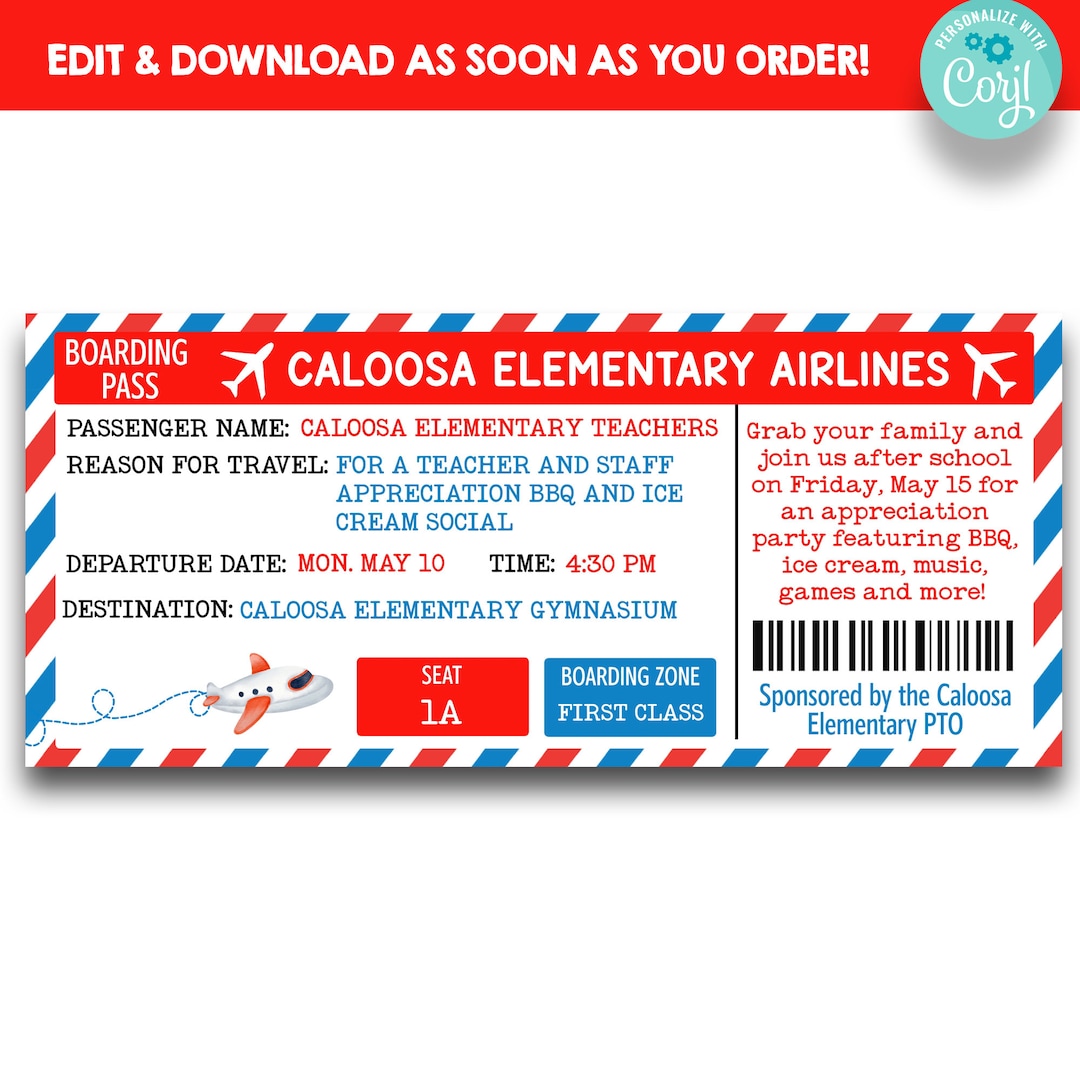 EDITABLE Boarding Pass Ticket | Teacher Appreciation Week Printable ...