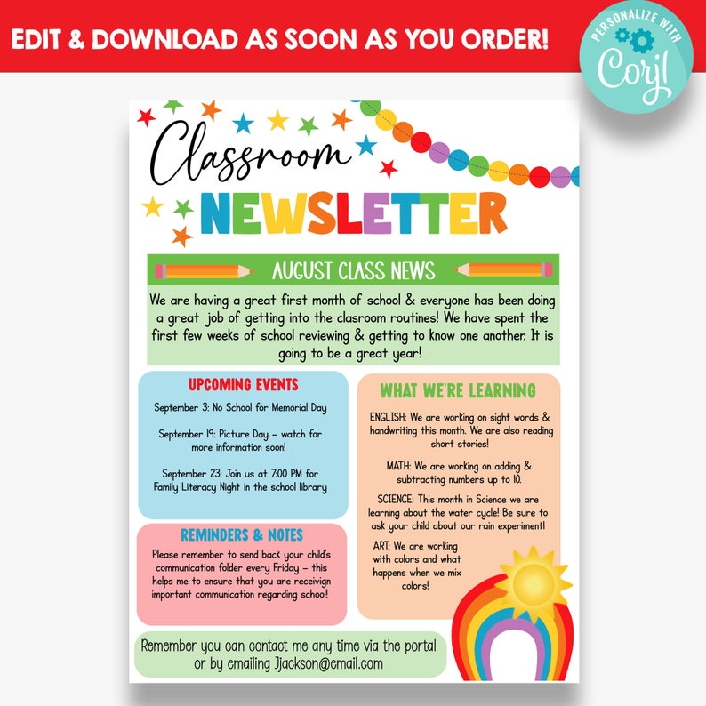 EDITABLE Classroom Newsletter Template | Elementary School Class ...