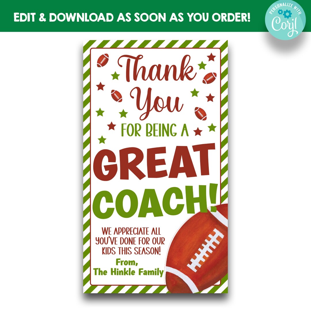 EDITABLE Thank You for Being Such a Great Coach Football Gift Tags ...