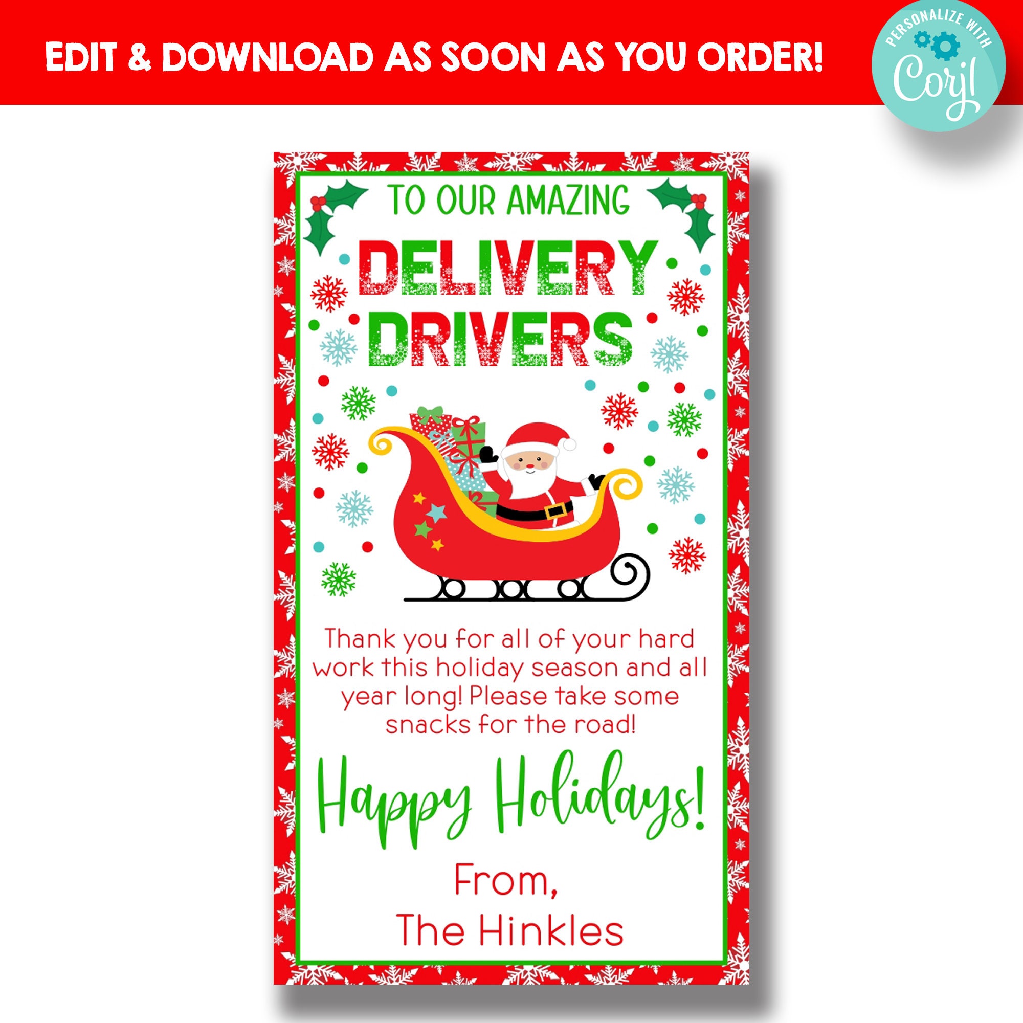 EDITABLE Delivery Driver Christmas Thank You Gift Tags - Etsy