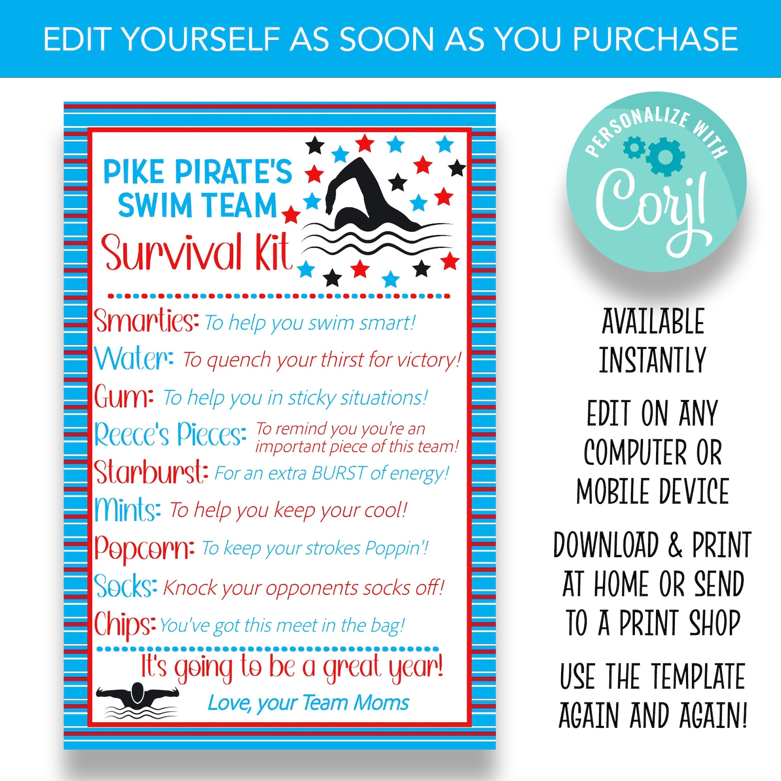 EDITABLE Swim Team Survival Kit Gift Tag Swimmer Survival - Etsy