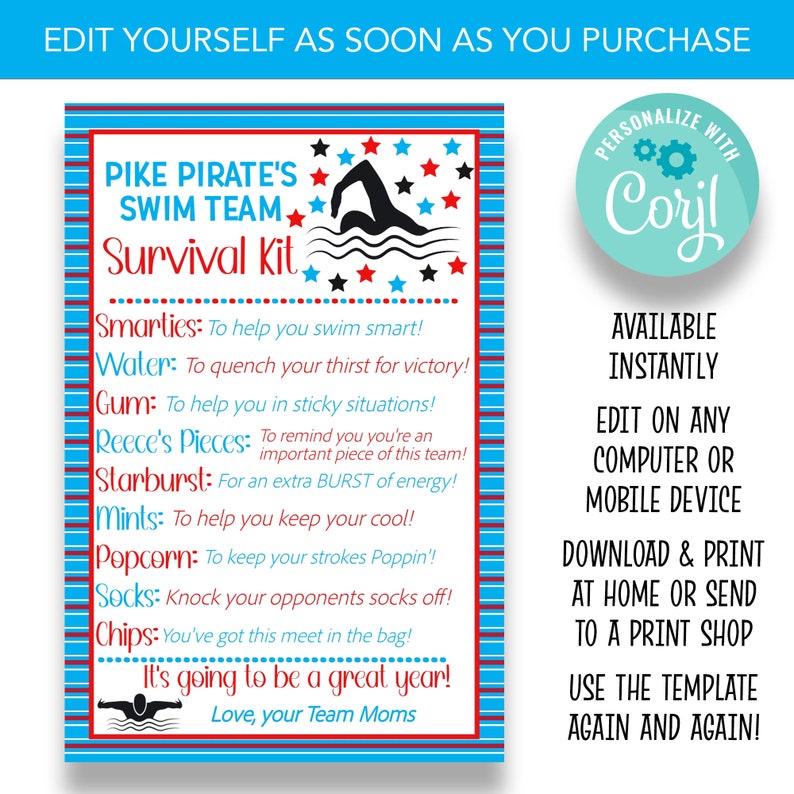 EDITABLE Swim Team Survival Kit Gift Tag Swimmer Survival - Etsy