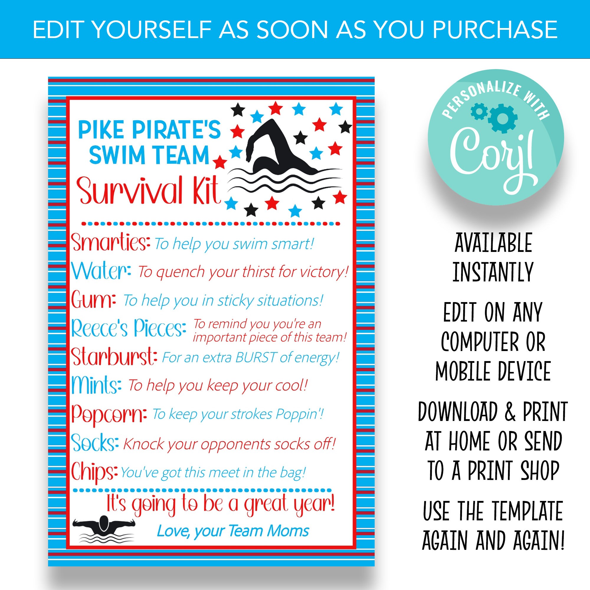 EDITABLE Swim Team Survival Kit Gift Tag Swimmer Survival - Etsy