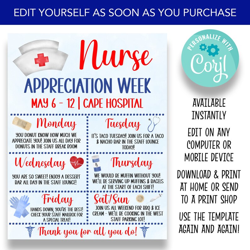 EDITABLE Nurse Appreciation Week Itinerary Flyer Nurse's - Etsy