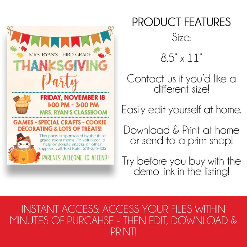 EDITABLE Thanksgiving Class Party Flyer School Fall Party - Etsy