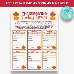 EDITABLE Thanksgiving Turkey Gram Flyer | Thanksgiving Candy Gram ...