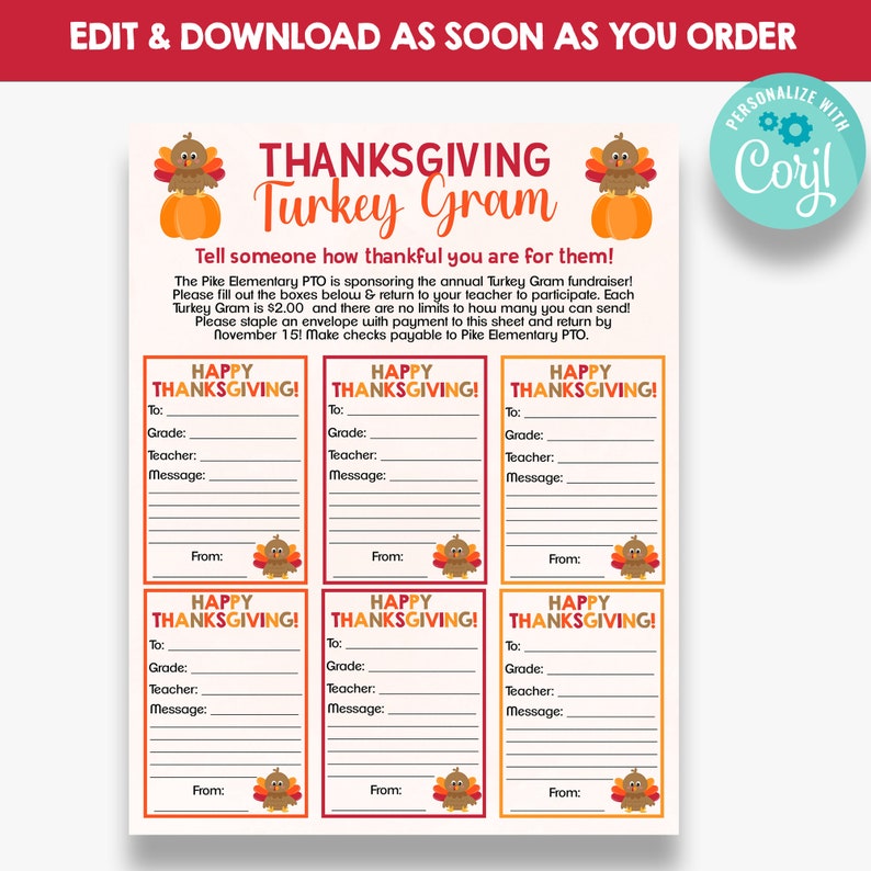 EDITABLE Thanksgiving Turkey Gram Flyer Thanksgiving Candy - Etsy