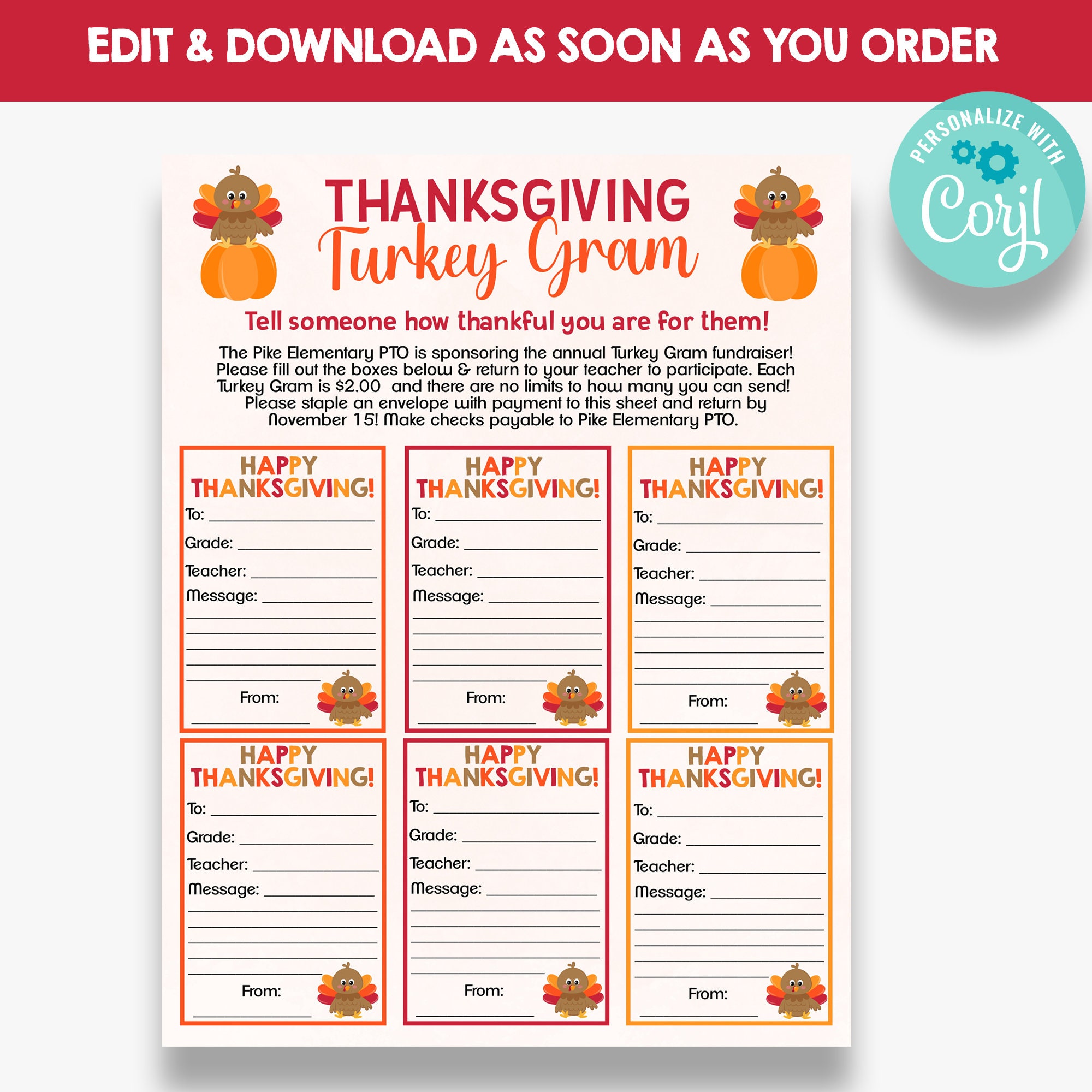 EDITABLE Thanksgiving Turkey Gram Flyer Thanksgiving Candy - Etsy
