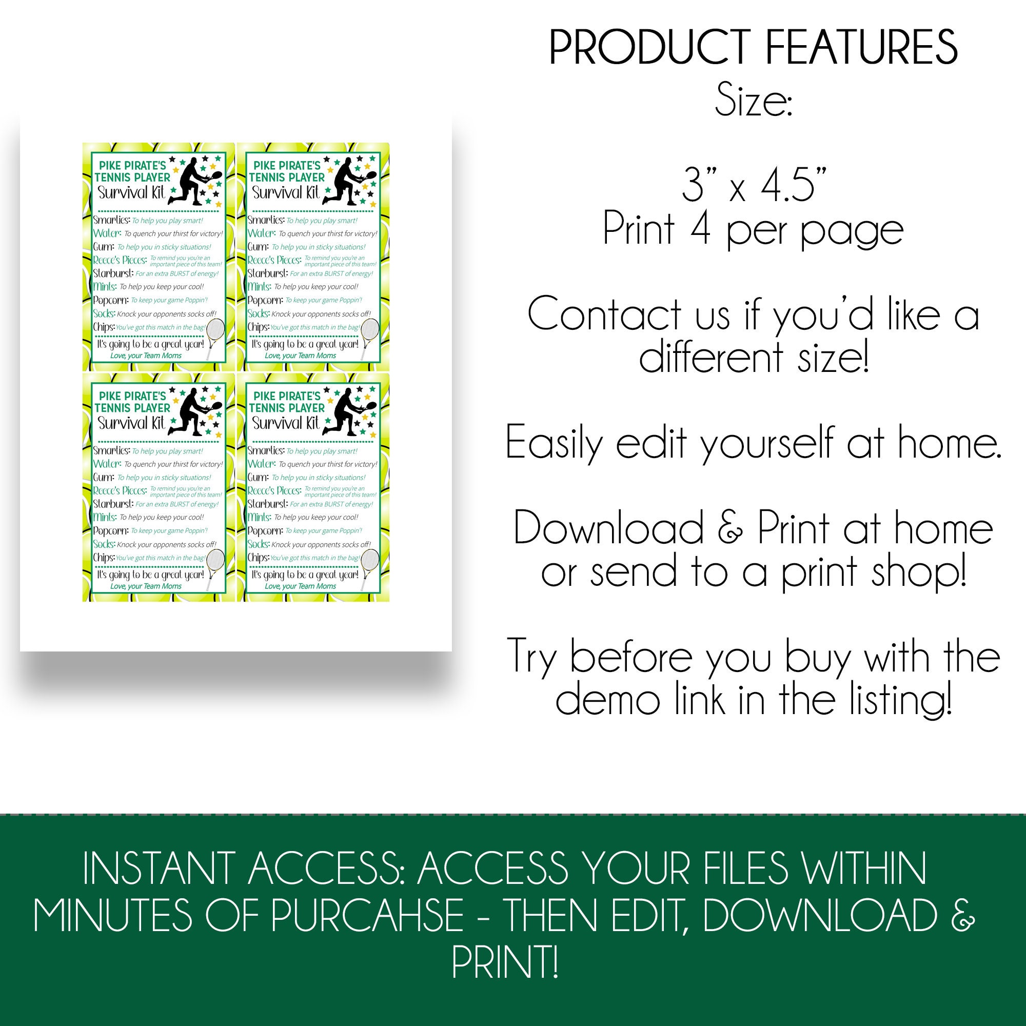 EDITABLE Tennis Survival Kit Tag Tennis Team Gift Idea - Etsy