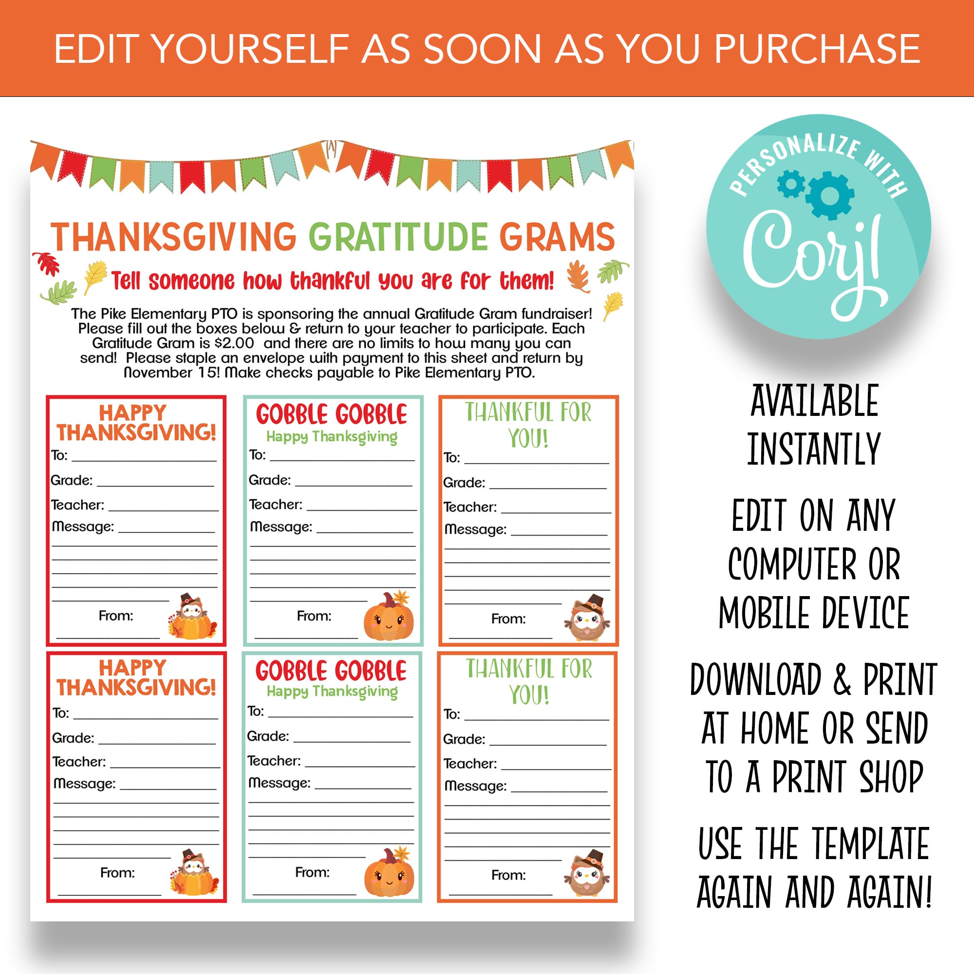 EDITABLE Thanksgiving Gratitude Gram Flyer | Candy Gram Fundraiser ...