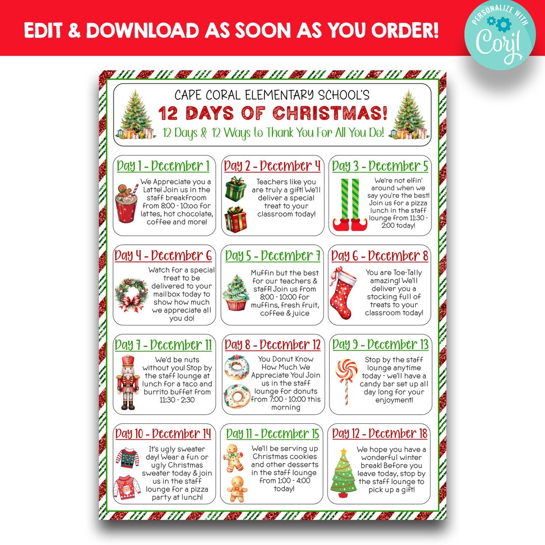 EDITABLE Twelve Days of Christmas Appreciation Sign | Christmas Teacher ...