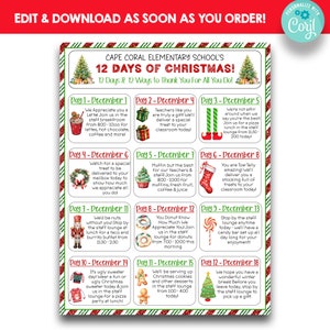 EDITABLE Twelve Days of Christmas Appreciation Sign | Christmas Teacher ...