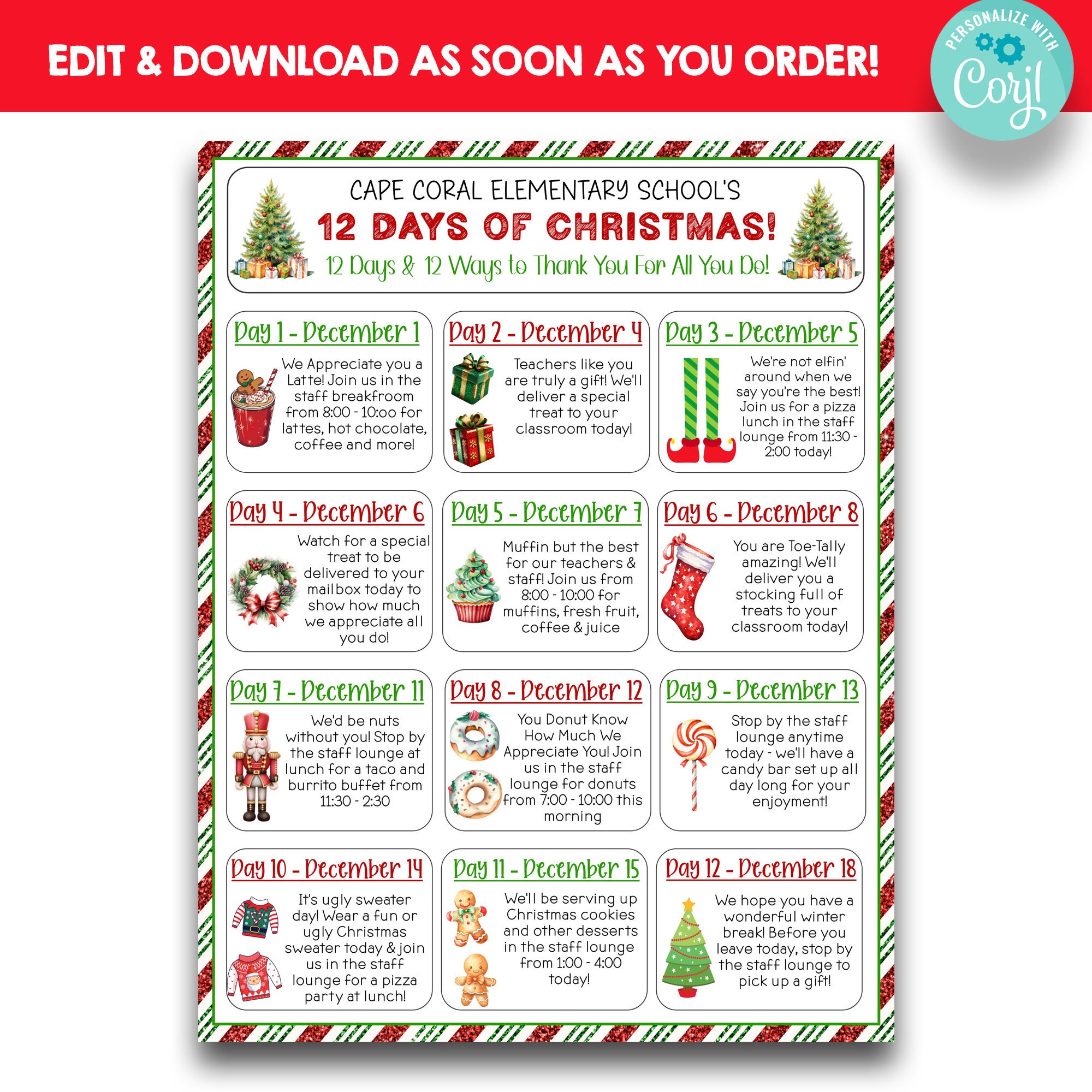 EDITABLE Cartel de agradecimiento de los doce días de Navidad - Etsy España