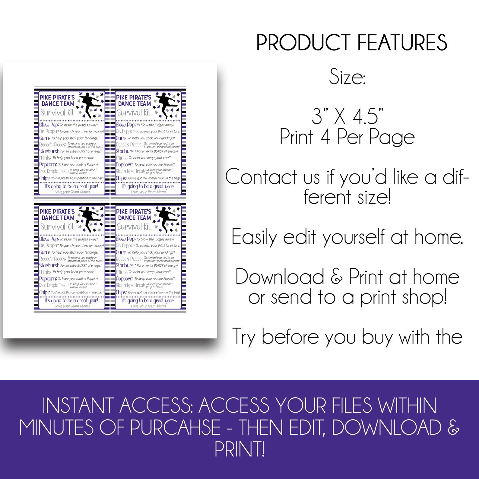EDITABLE Male Dance Team Survival Kit Cards | Dance Team Gift Tags ...