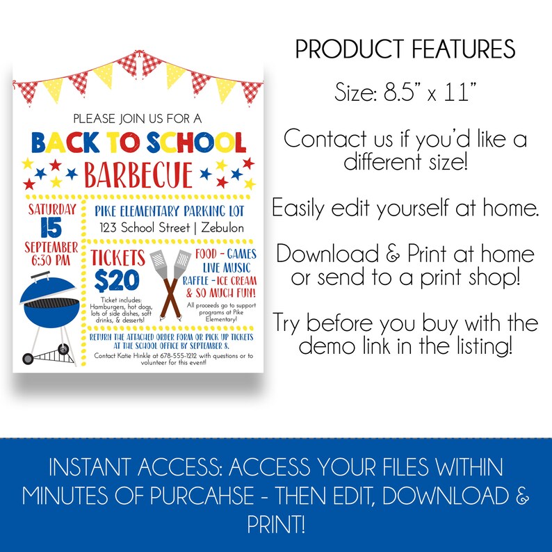 EDITABLE Back to School BBQ Flyer Barbecue Fundraiser Flyer - Etsy