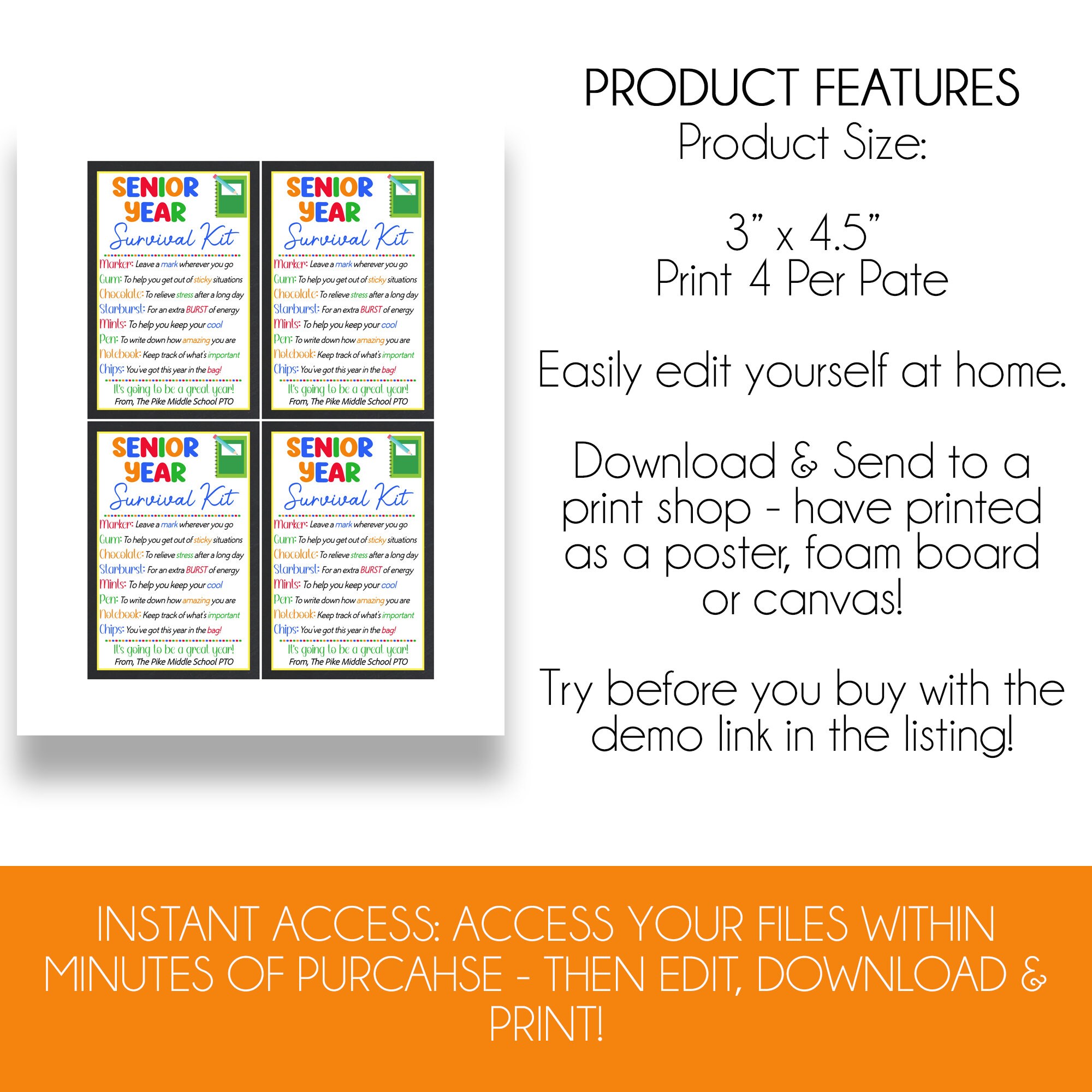 EDITABLE Senior Year Survival Kit Gift Tags Back to School - Etsy