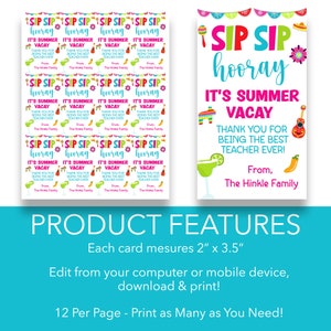 EDITABLE Sip Sip Hooray It's Summer Vacay Rectangle Margarita Gift Tags ...