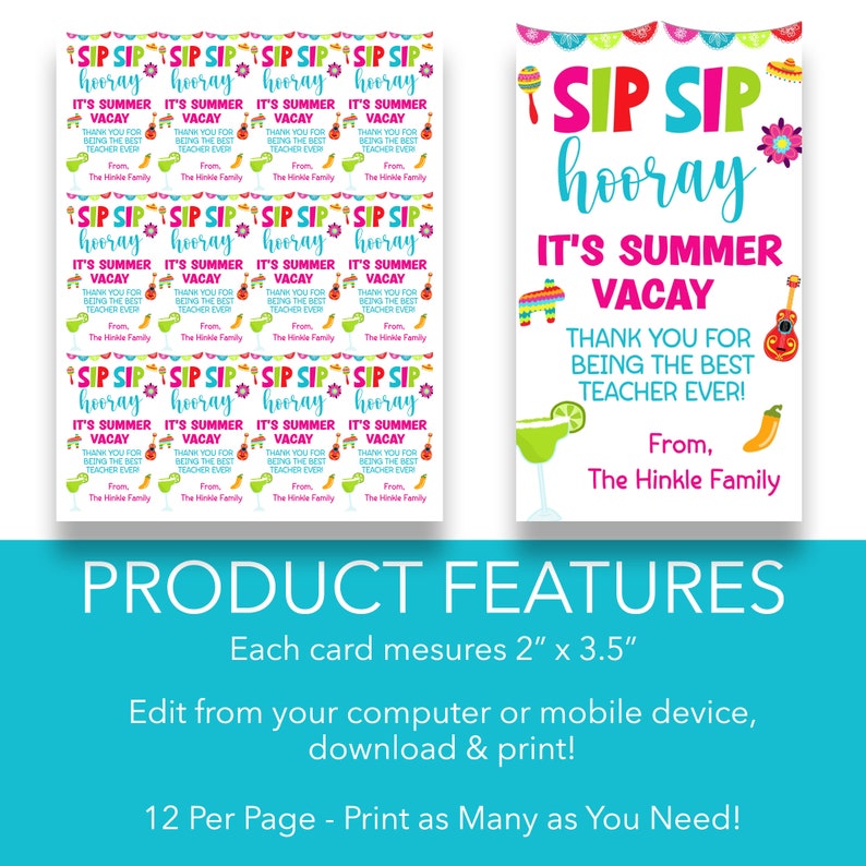 EDITABLE Sip Sip Hooray It's Summer Vacay Rectangle - Etsy