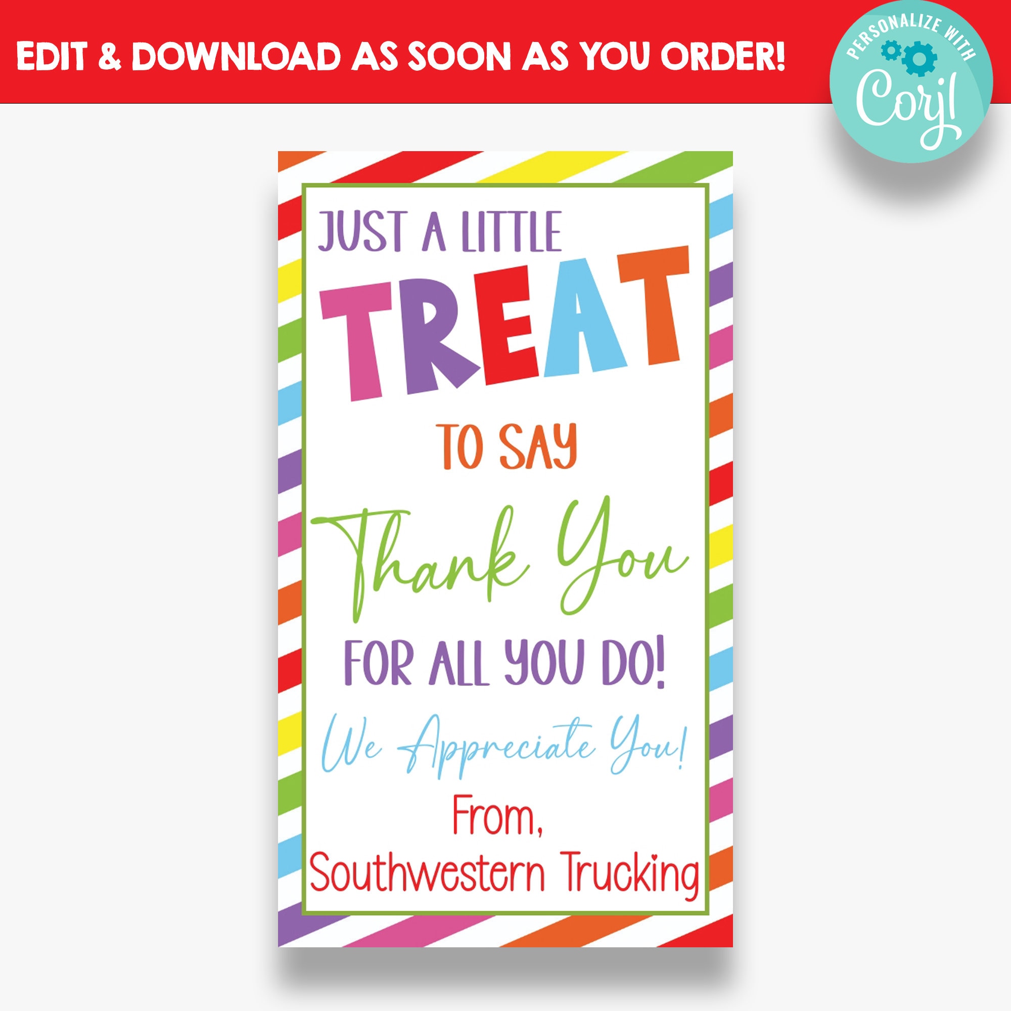 EDITABLE Here's a Treat to Say Thank You for All You Do Rectangle Gift ...