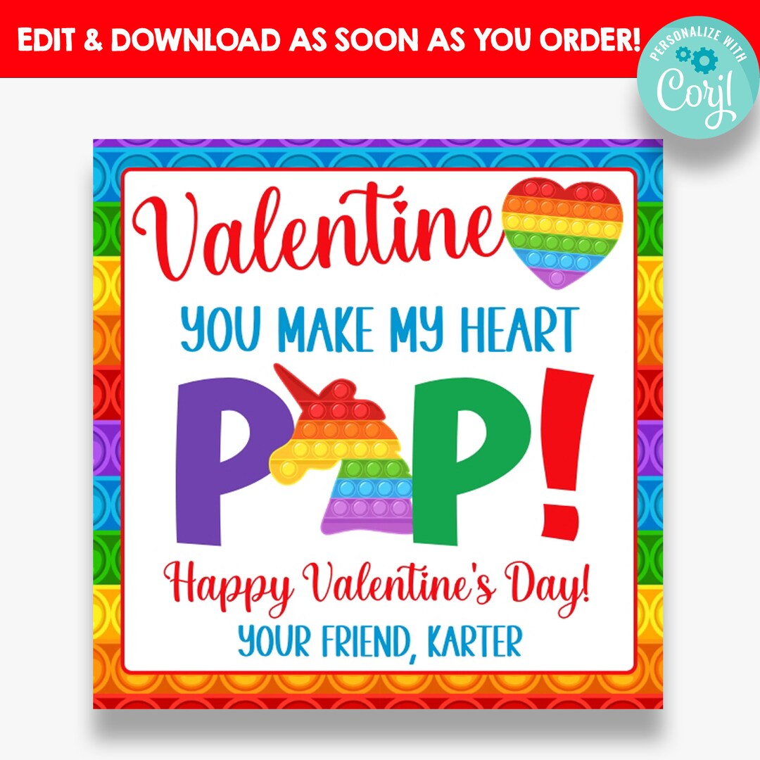 EDITABLE You Make My Heart Pop Unicorn Valentine Gift Tag | Pop Fidget ...