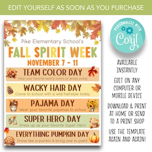 EDITABLE Fall Spirit Week Flyer | School Spirit Week Flyer for Fall ...