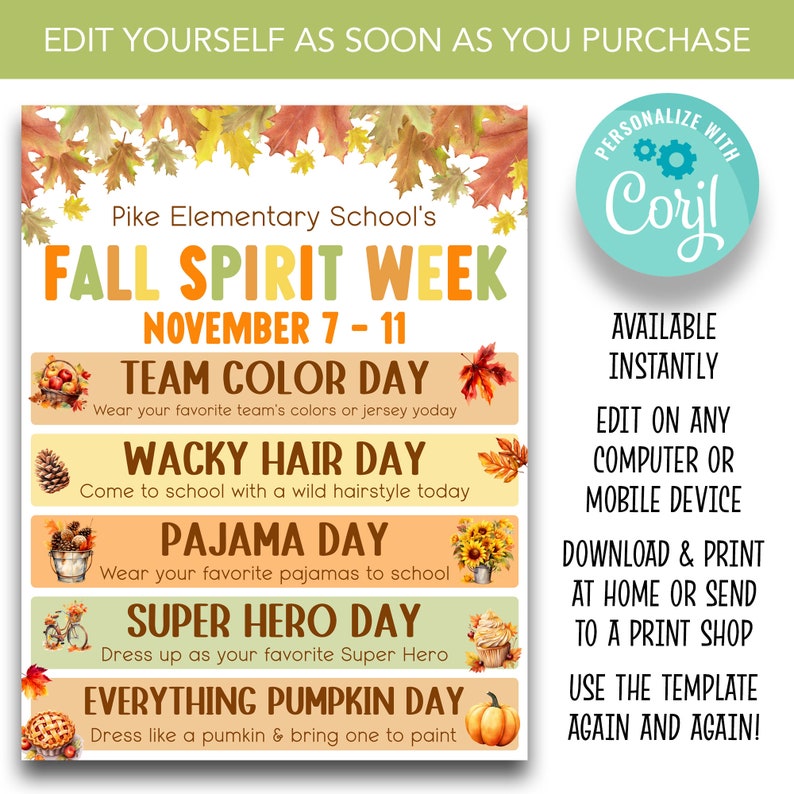 EDITABLE Fall Spirit Week Flyer | School Spirit Week Flyer for Fall ...
