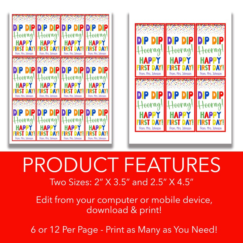 EDITABLE First Day of School Treat Tags | Bright Dip Dip Hooray Happy ...