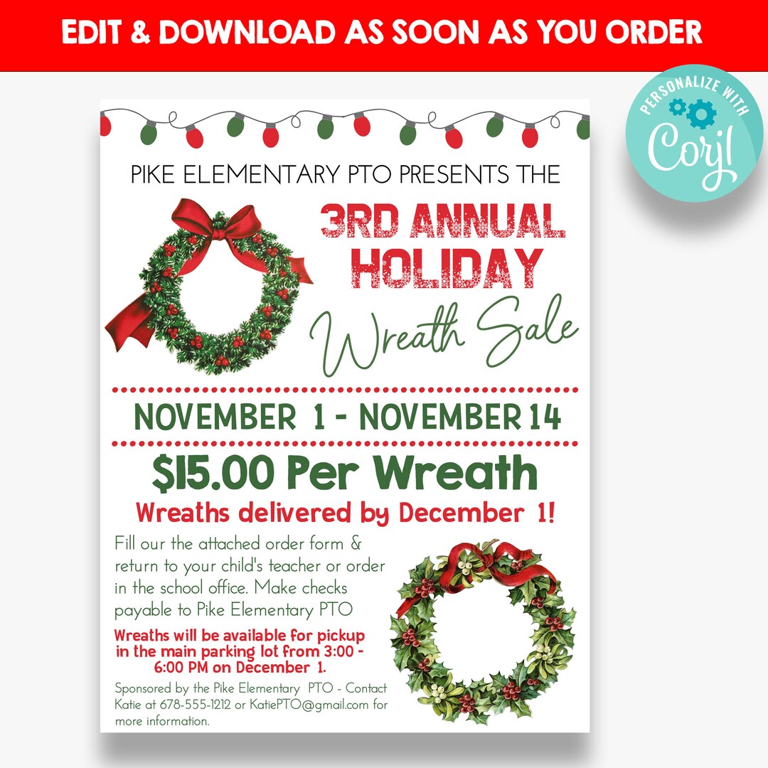 EDITABLE Holiday Wreath Fundraiser Flyer | Wreath Sale Flyer With BONUS ...