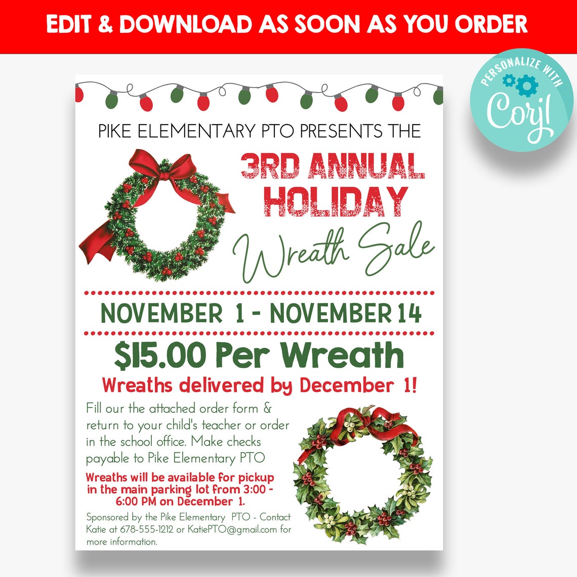 EDITABLE Holiday Wreath Fundraiser Flyer Wreath Sale Flyer - Etsy