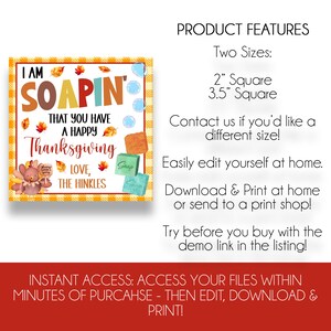 EDITABLE Soapin' You Have a Happy Thanksgiving Square Gift Tag | Soap ...