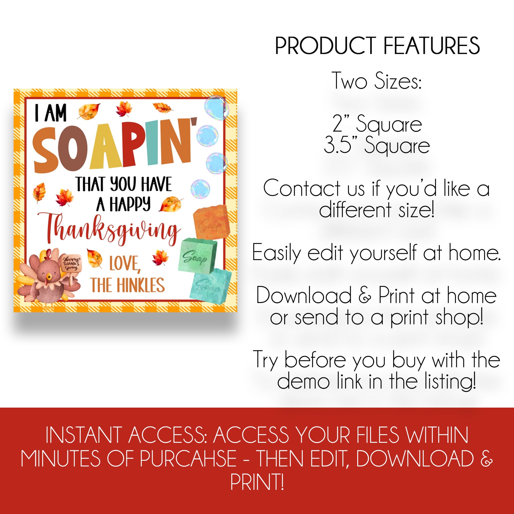 EDITABLE Soapin' You Have a Happy Thanksgiving Square Gift Tag | Soap ...