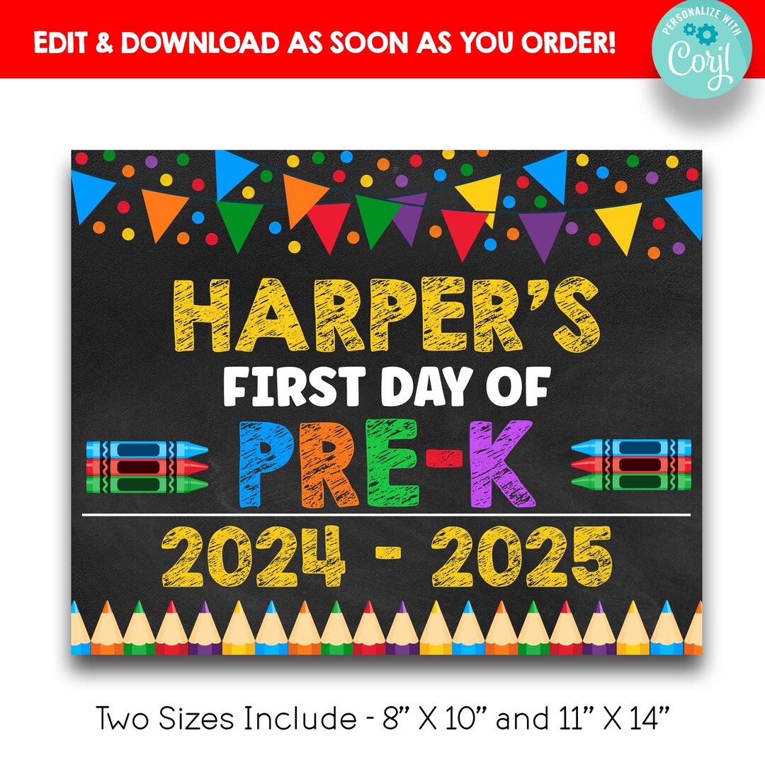 Editable Personalized First Day of Pre-k Sign | Bright Chalkboard Back ...