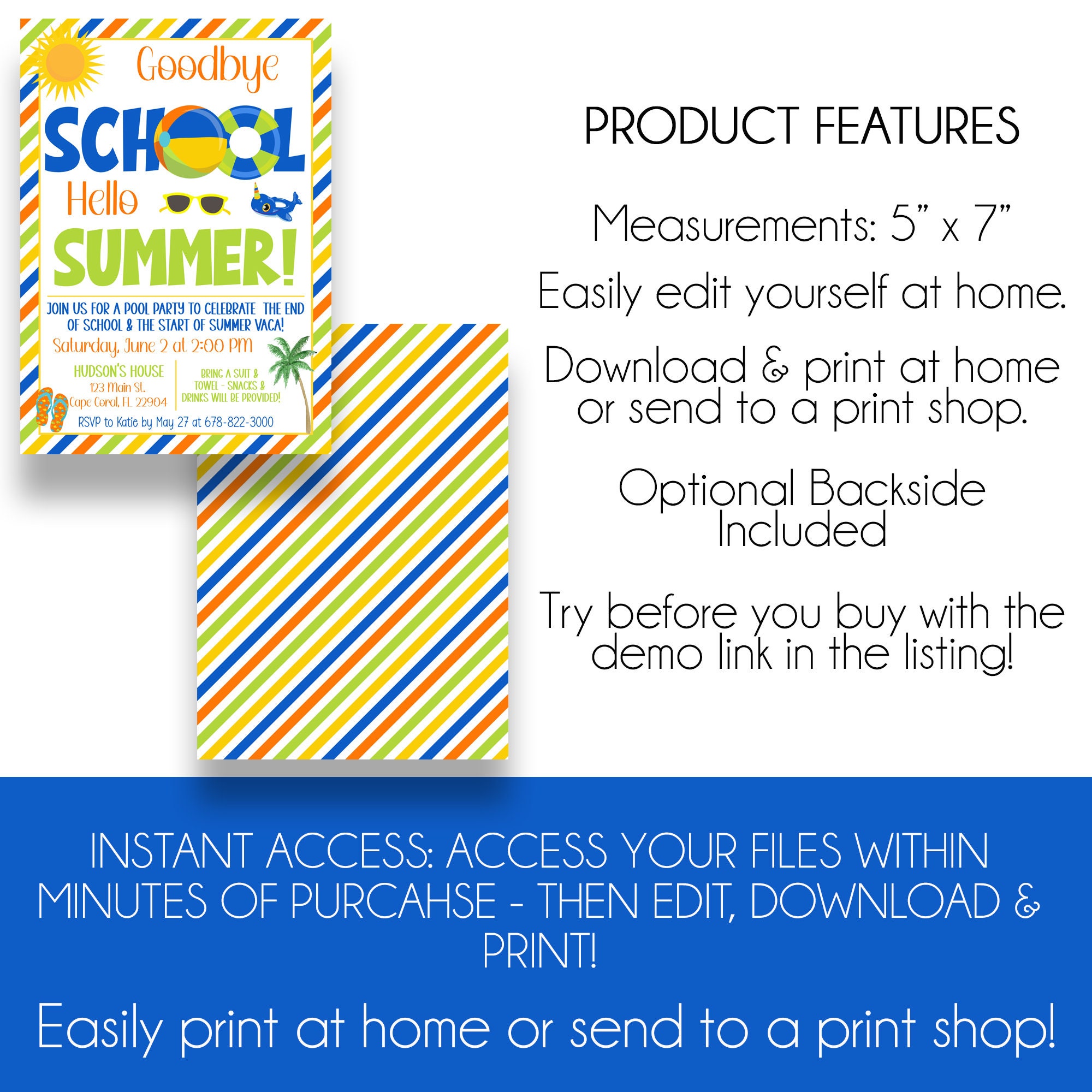 EDITABLE Goodbye School Hello Summer End of School Party Invitations ...