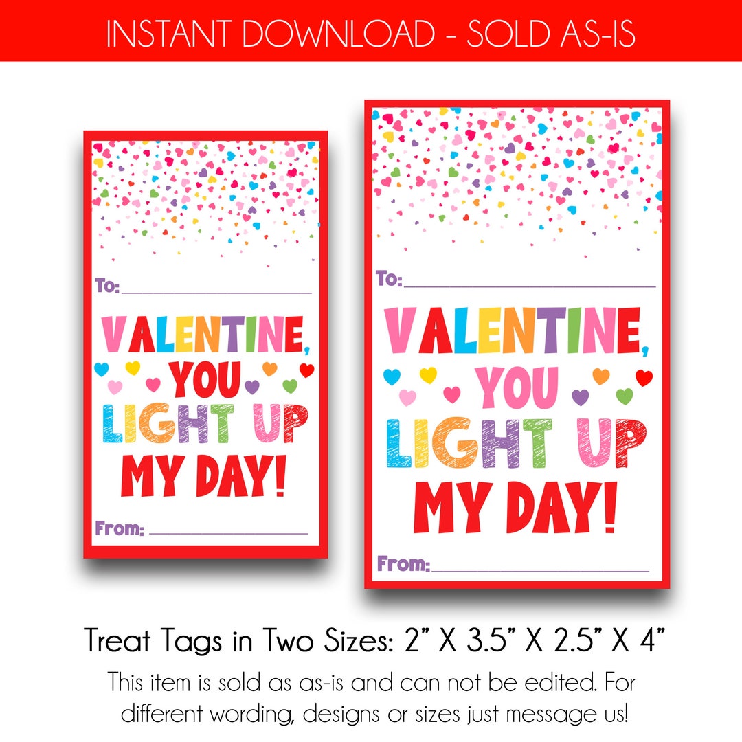 INSTANT DOWNLOAD | You Light up My Day Valentine's Day Treat Tags | Kid ...