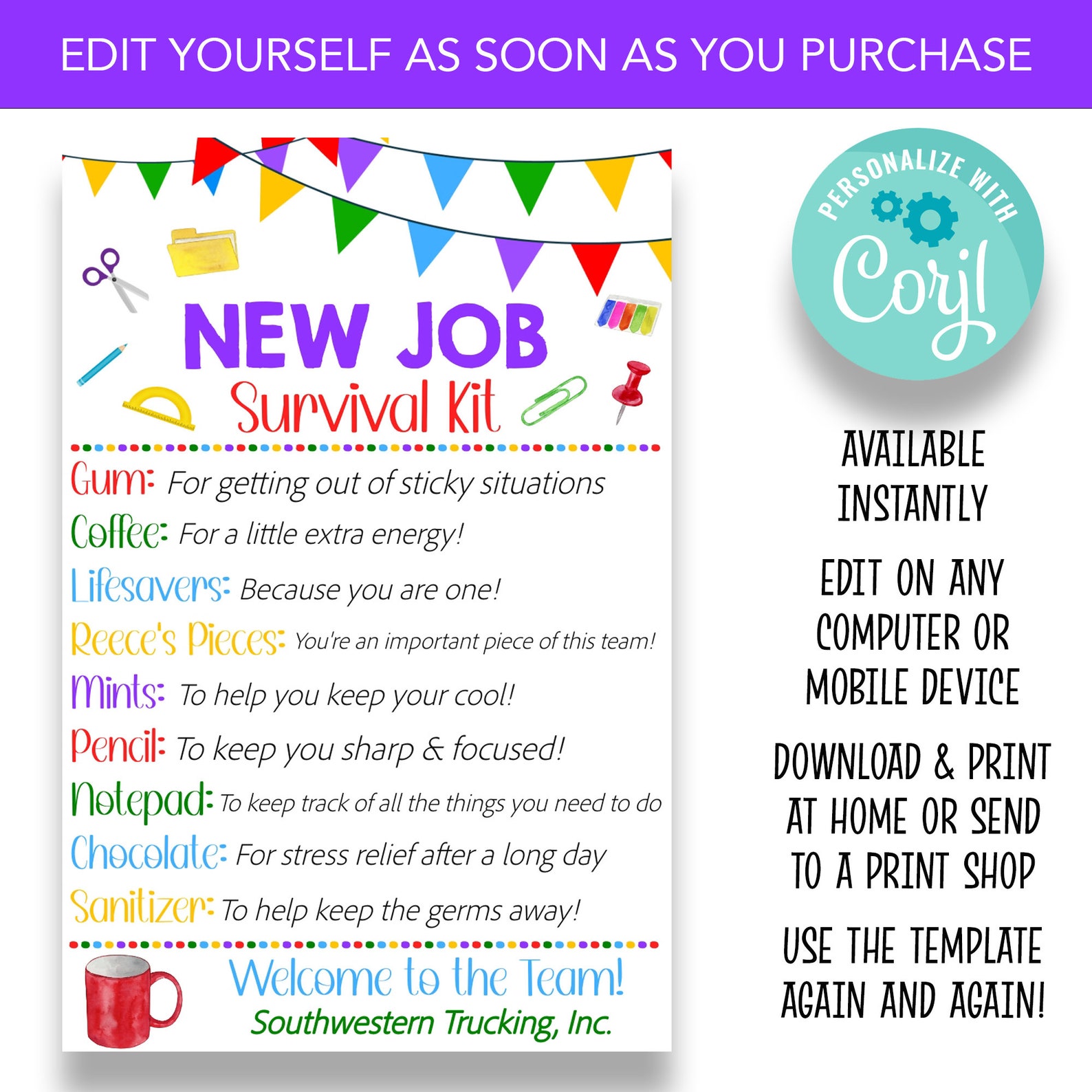 EDITABLE New Job Survival Kit Tag | New Job Gift Idea | Printable ...