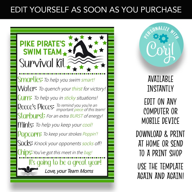 EDITABLE Black & Green Swim Team Survital Kit Gift Tags Swim - Etsy