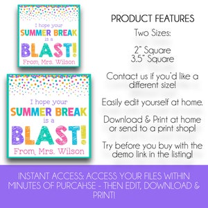 EDITABLE Pastel I Hope Your Summer Break is a Blast Treat Bag Tags ...