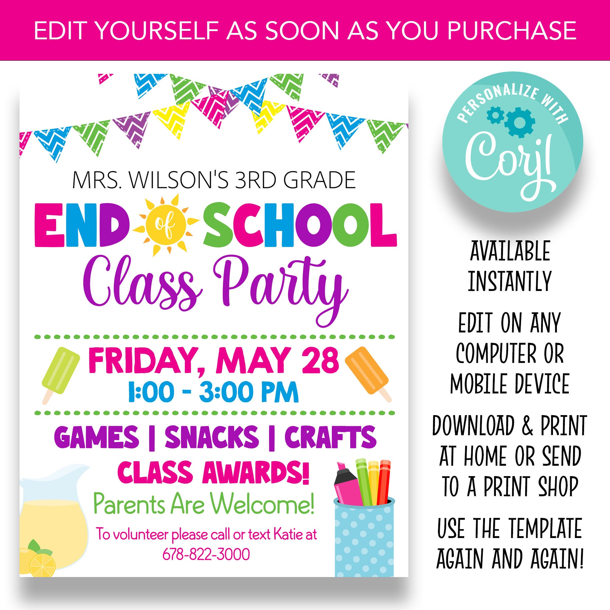 EDITABLE End of School Class Party Flyer | Room Moms Class Party ...