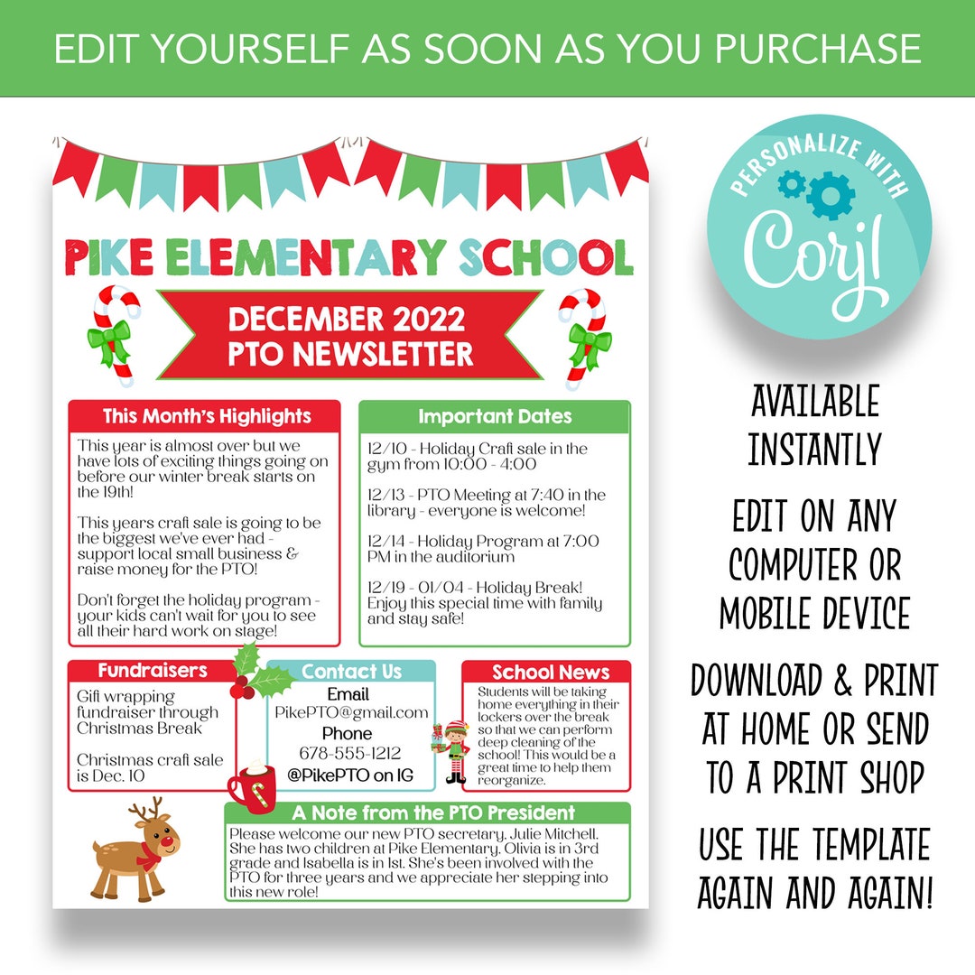EDITABLE PTO School Newsletter | December PTA Newsletter Template ...