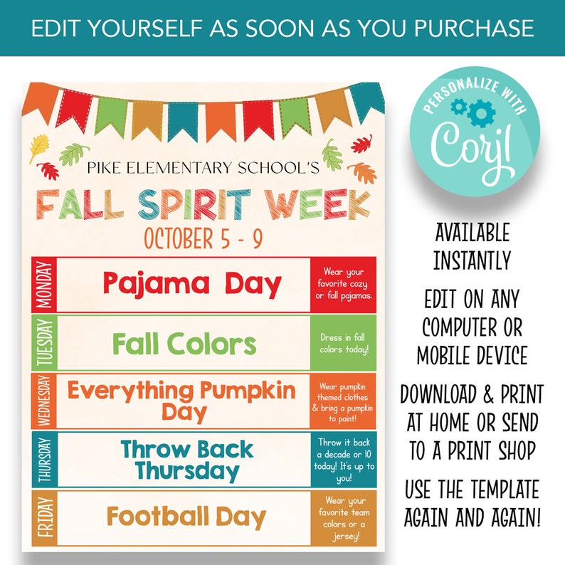 EDITABLE Fall Spirit Week Flyer | Printable Fall Spirit Week Schedule ...