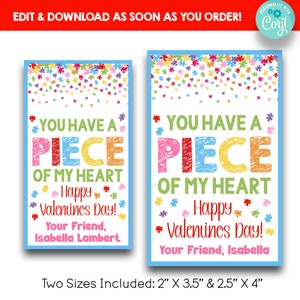 EDITABLE You Have a Piece of My Heart Valentine's Day Treat Tags Puzzle ...