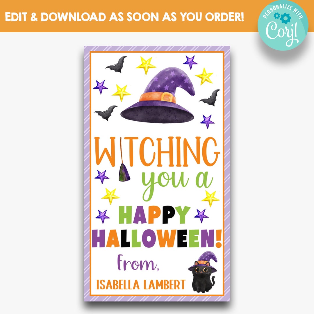 EDITABLE Witching You a Happy Halloween Rectangle Gift Bag Tags | Witch ...