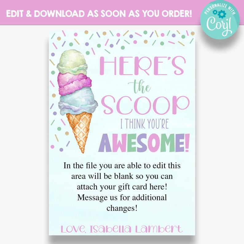 EDITABLE Ice Cream Gift Card Holder Here's the Scoop Ice - Etsy