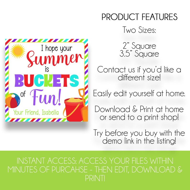 EDITABLE Hope Your Summer is Buckets of Fun Kids Gift Tags - Etsy