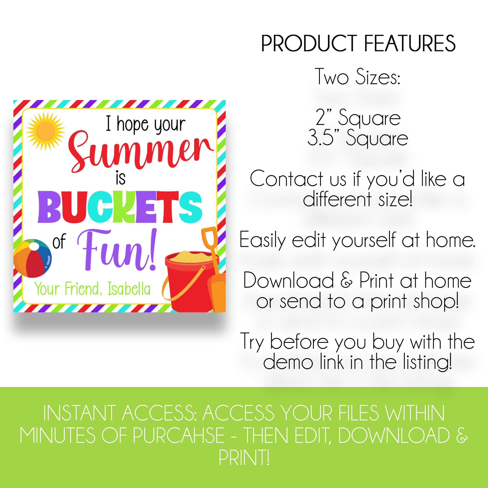 EDITABLE Hope Your Summer is Buckets of Fun Kids Gift Tags - Etsy