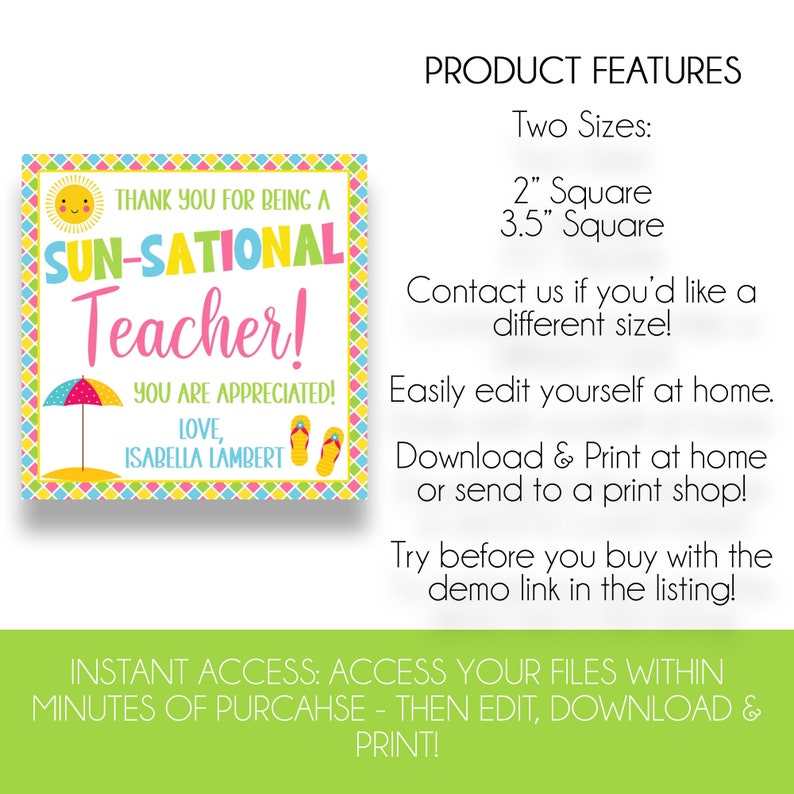 EDITABLE Thank You for Being a Sun-sational Teacher Square - Etsy